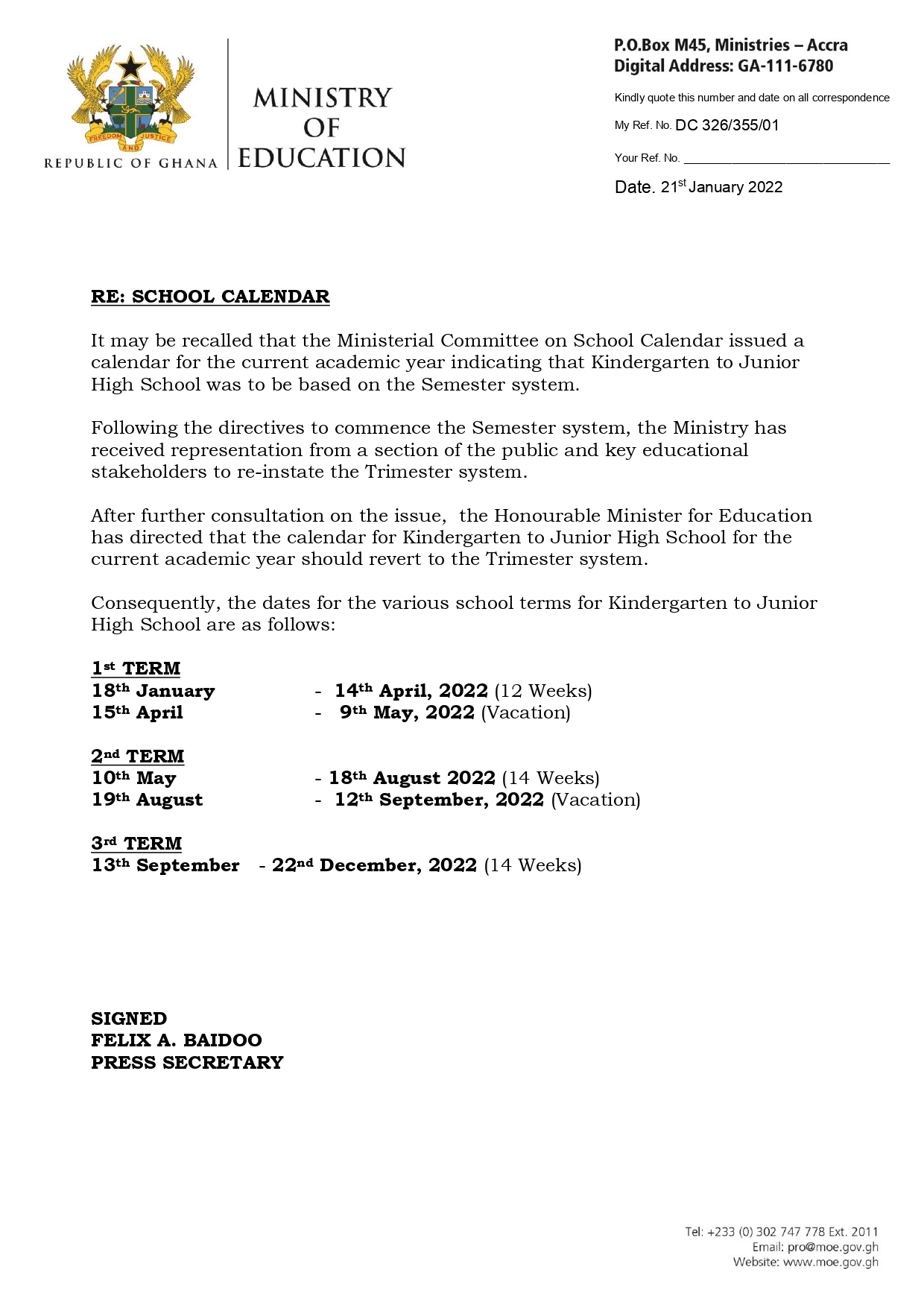 Education Ministry revises basic schools calendar back to 3-term system ...